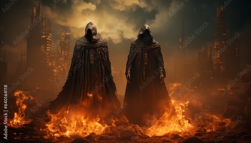 black Death walks through the city scorched by war, the silhouette of a ...