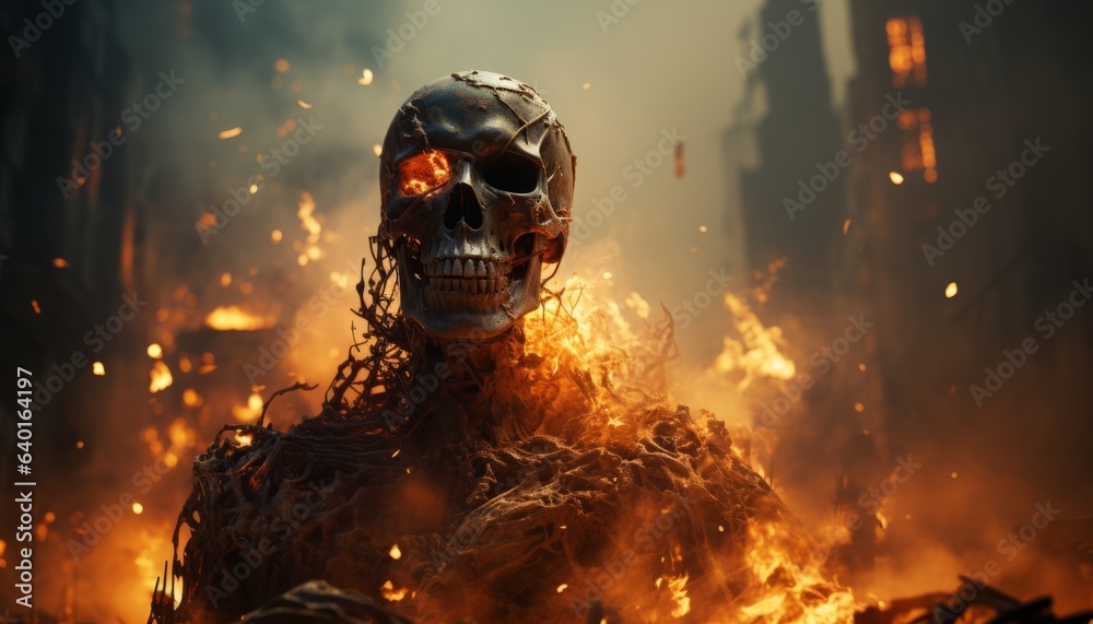 Human skeleton on fire against the backdrop of a nuclear world war in a ...
