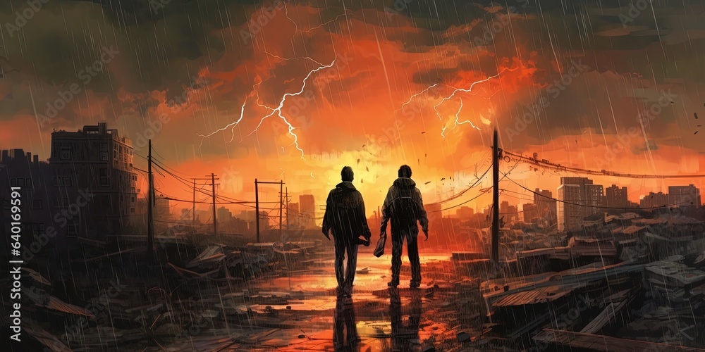 Two brothers in the apocalyptic city with ash storm, digital art style ...