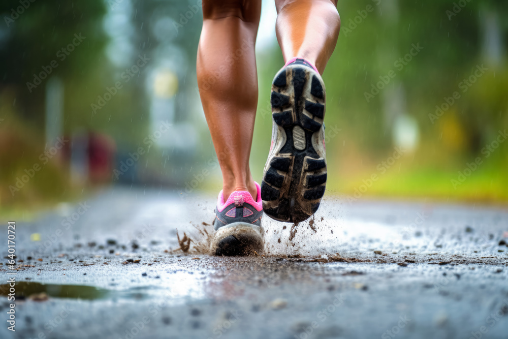 Young woman running in rainy weather, water and mud splashes as her ...