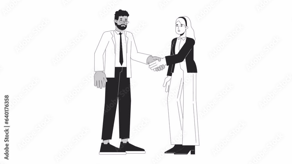 Man woman shaking hands bw outline cartoon animation. Job interview ...