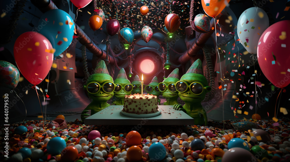 Happy alien birthday! A group of green aliens gathered around a table ...