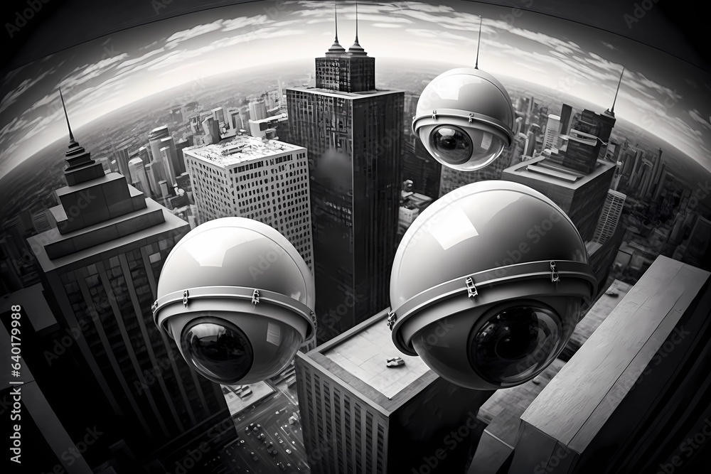 Surveillance camera monitoring busy city street in dystopia. Security ...