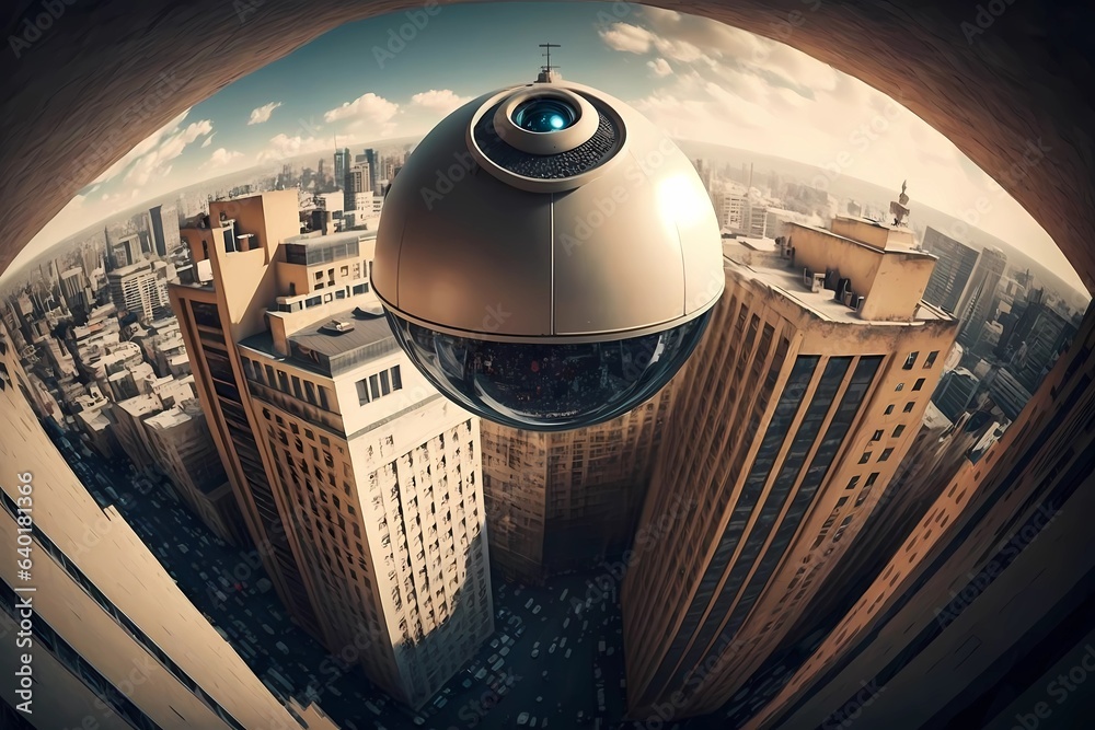 Surveillance camera monitoring busy city street in dystopia. Security ...