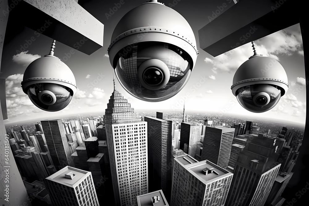 Surveillance camera monitoring busy city street in dystopia. Security ...