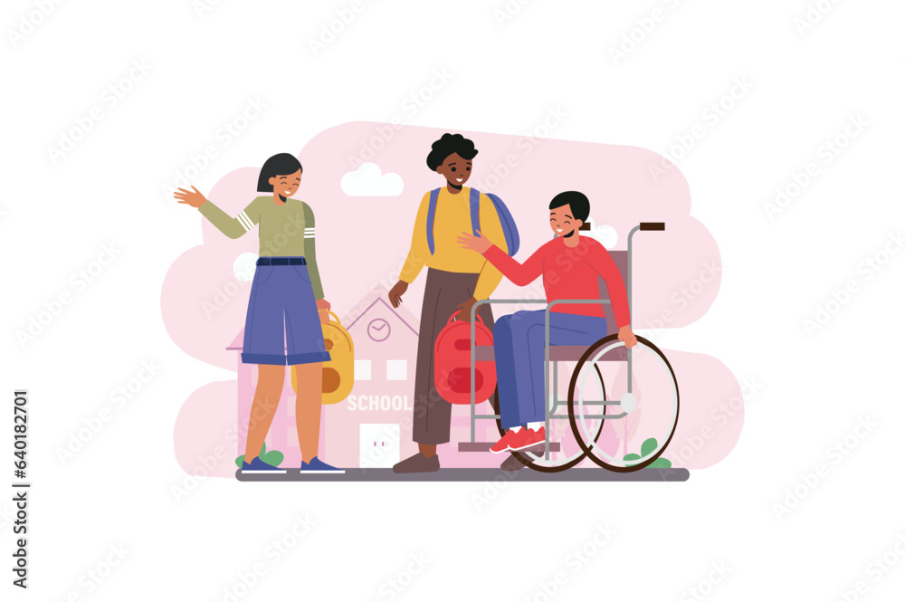 Disabled child school concept with people scene in the flat cartoon ...