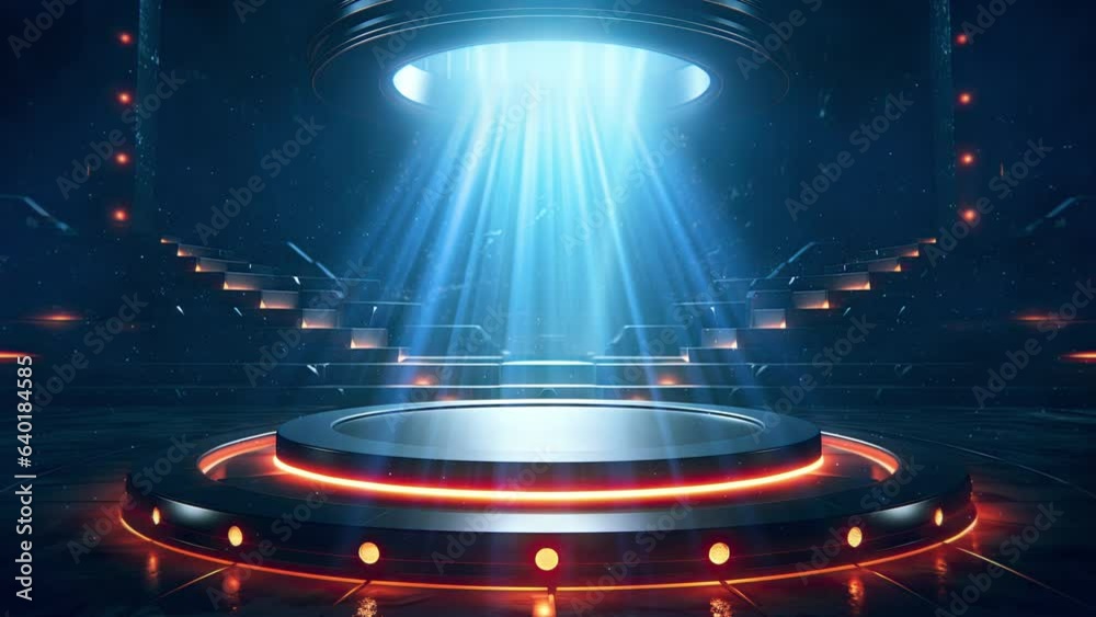 4K Stage with spotlight. Podium with light rays. Bokeh particles flying ...