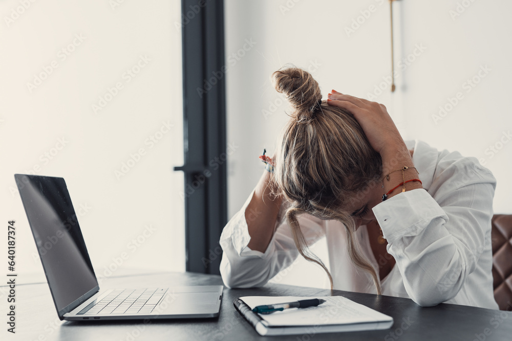 Stressed tired woman in pain having strong terrible headache attack ...