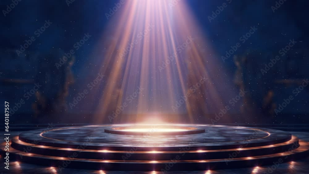 Video „4K Stage with spotlight. Podium with light rays. Bokeh particles ...