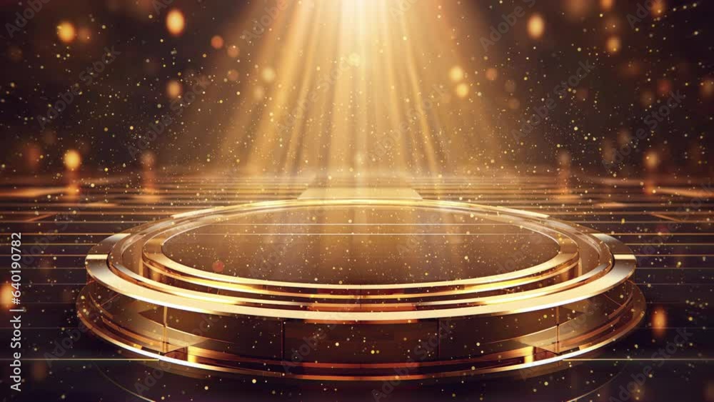 4K Stage with spotlight. Podium with light rays. Bokeh gold particles ...