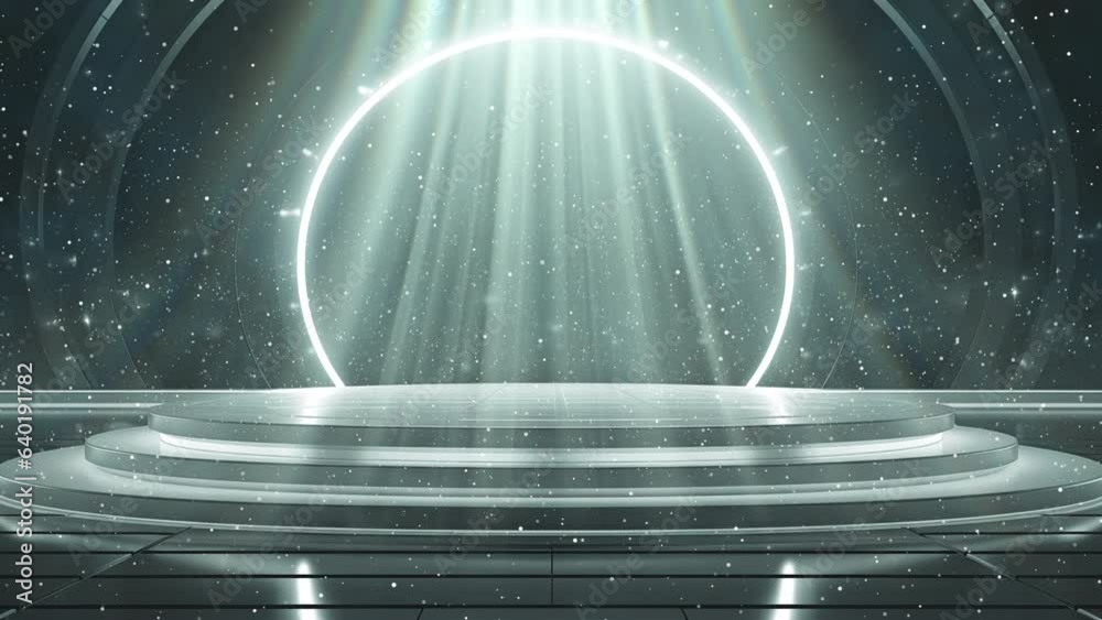 4K Stage with spotlight. Podium with light rays. Bokeh particles flying ...