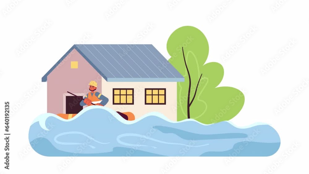 Flood rescue boat volunteer cartoon animation. First responder rowing ...