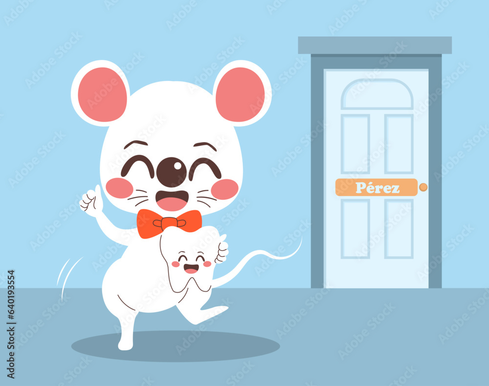 Vector illustration of cute mouse carrying large human kid tooth next ...