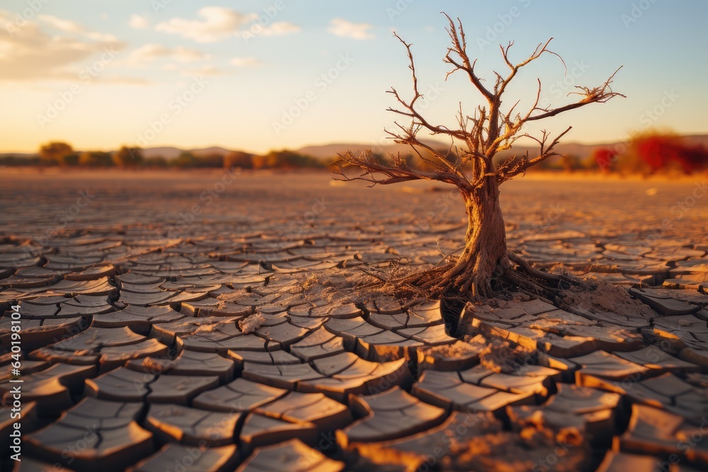 Earth day concept. Dry desert landscape with big dry tree in a cracked ...