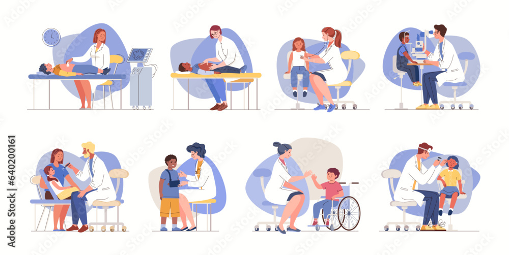 Set of illustrations of medical diagnostics. Examinations of children ...