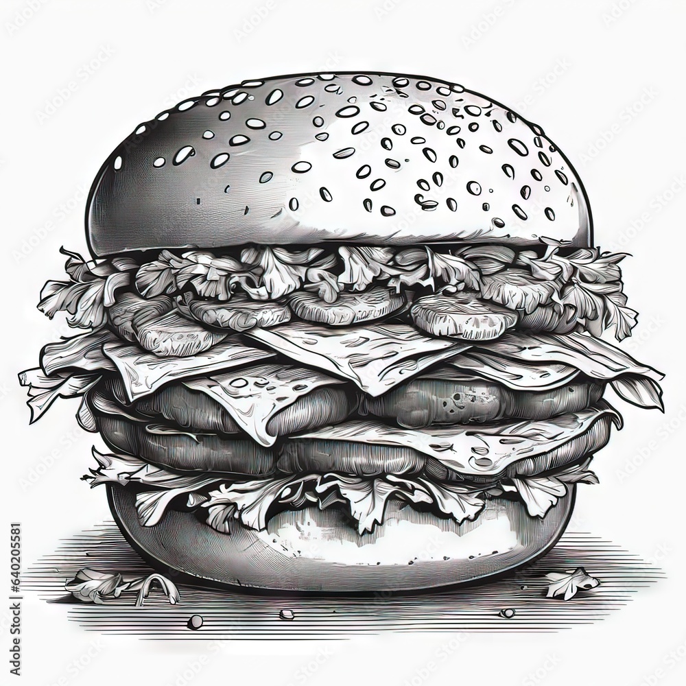 Burger Blueprint: Crisp Line Art Illustration of a Classic Hamburger ...