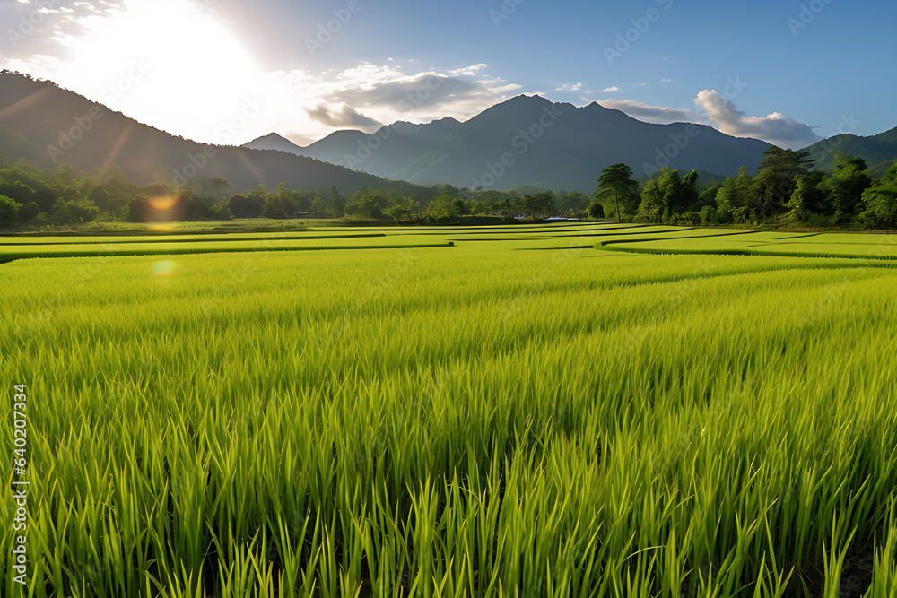 Expanse of rice fields with dense green rice plants with views of the ...