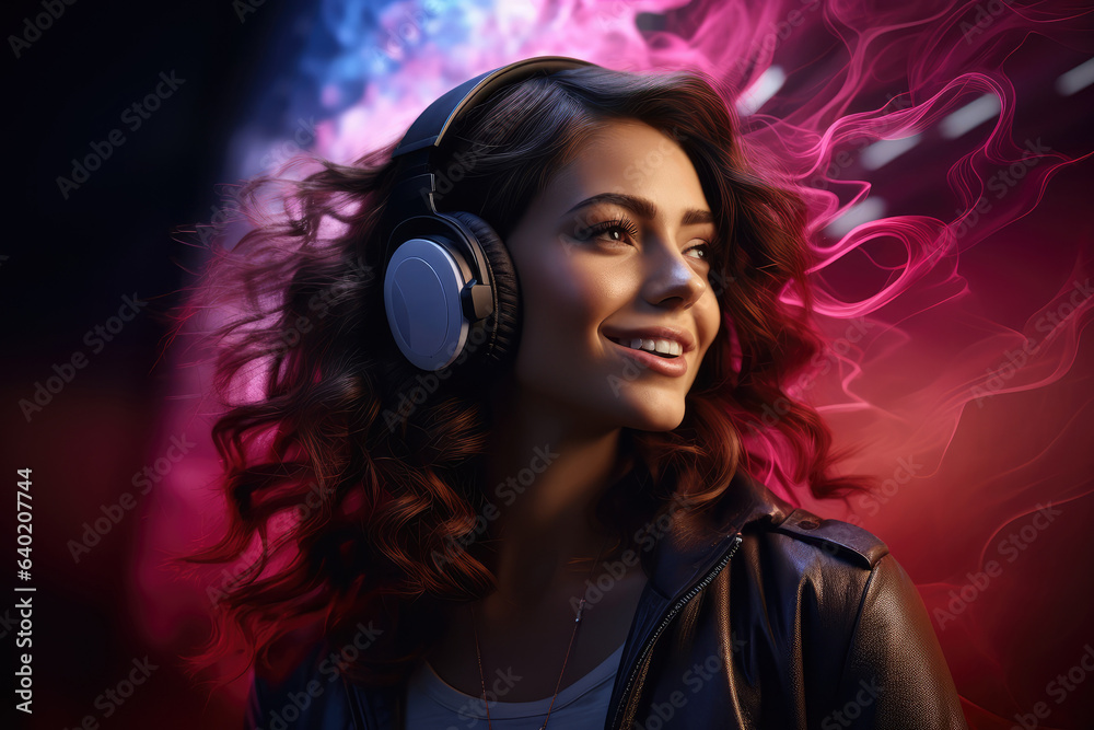 Young woman with headphones, sound waves materializing around her ...
