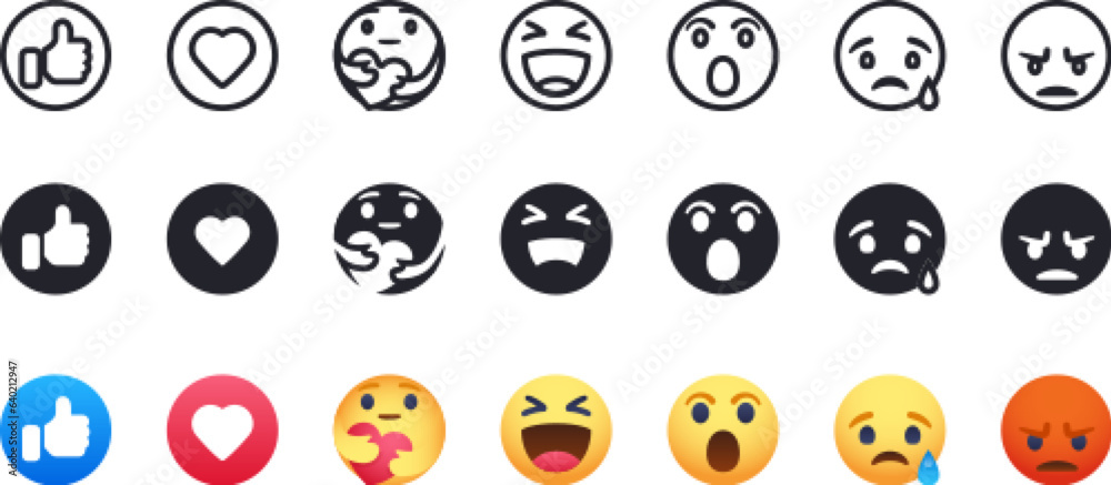 Facebook reaction face emoji vector set, like, love, care, haha, wow ...