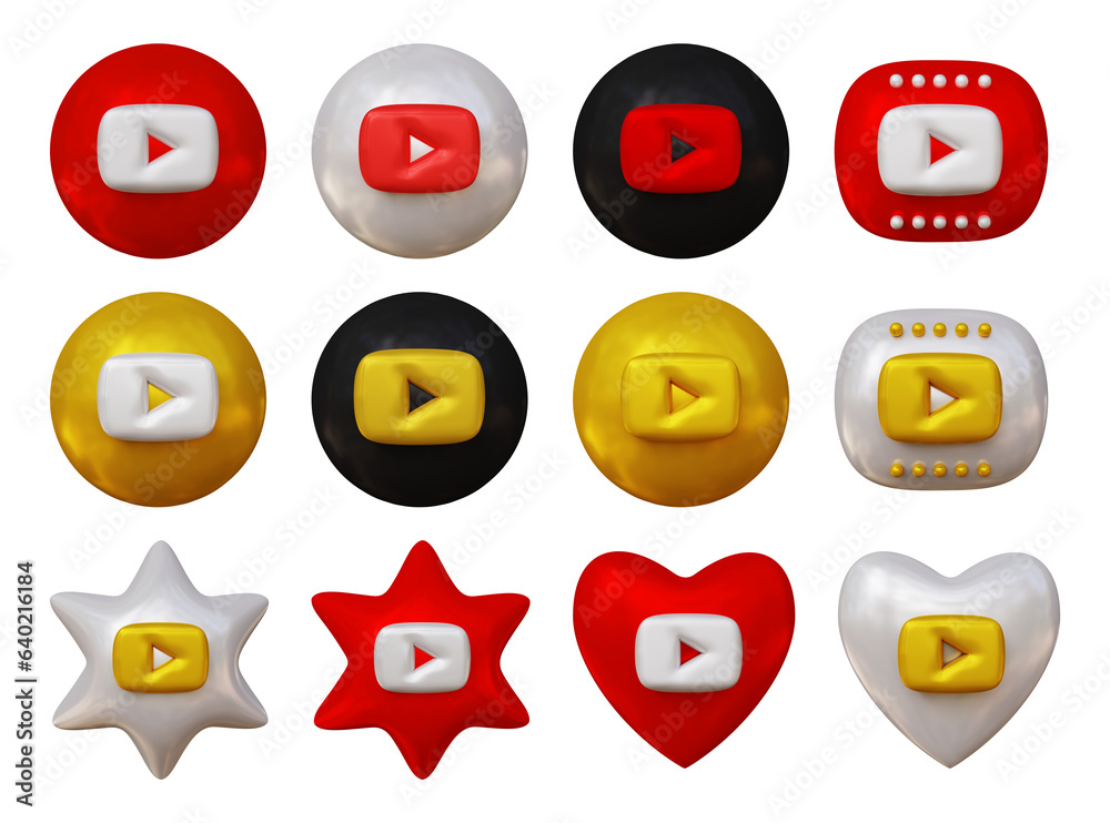 Set of youtube icons in 3d rendering isolated on transparent background ...