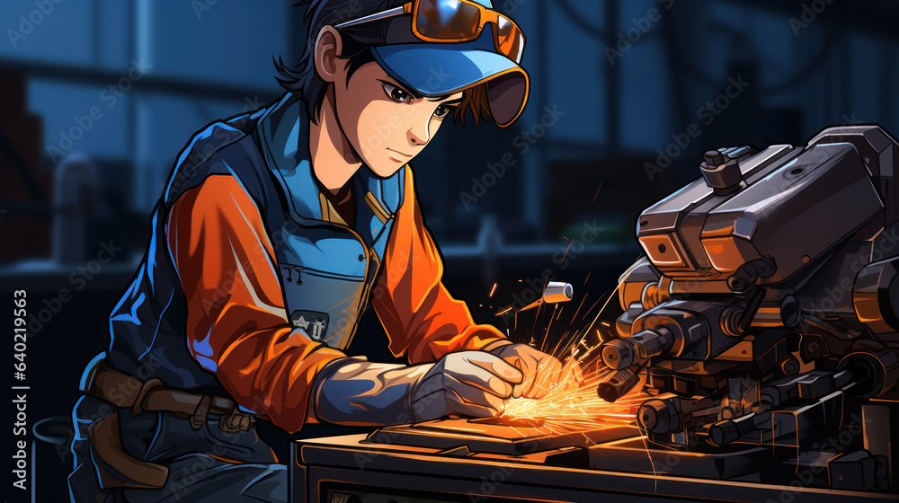 Welding work in a factory, a male welder welds steel, cartoon style ...