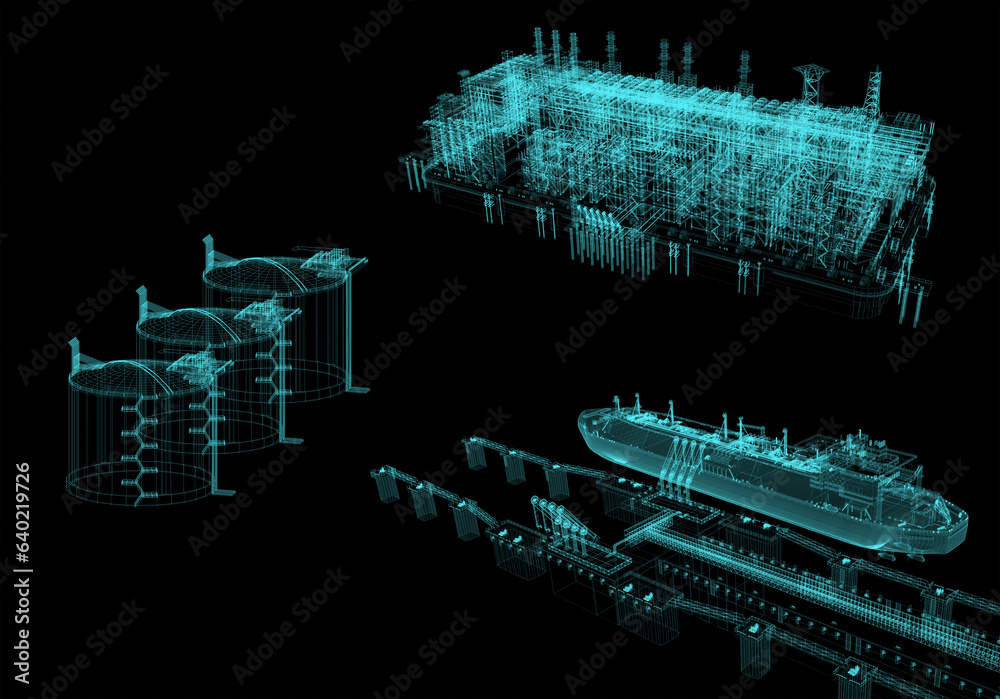 A set of neon schemes of LNG facilities. LNG plant based on gravity ...