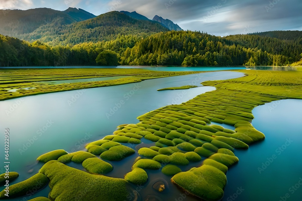 Thriving seaweed algae growth on lines in an aquaculture farm. Healthy ...