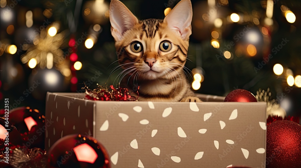 Bengal cat inside a gift box, pawing at a hanging ornament. Living room ...