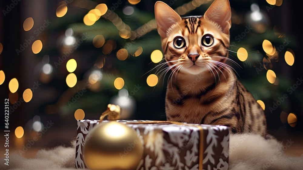 Bengal cat inside a gift box, pawing at a hanging ornament. Living room ...