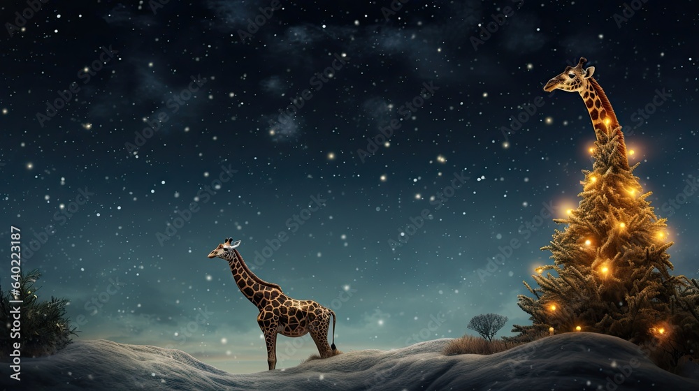 Giraffe with a long knitted Christmas scarf reaching the ground, trying ...