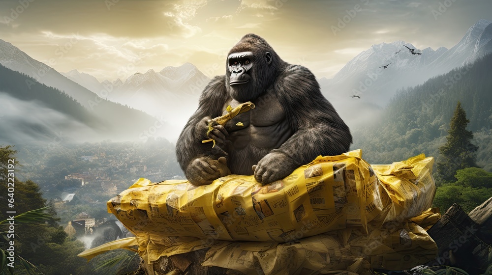 Gorilla attempting to wrap a huge banana gift, with wrapping paper ...