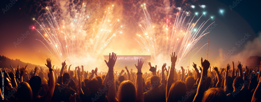 musical rock show with fireworks and laser effects. the crowd cheers ...