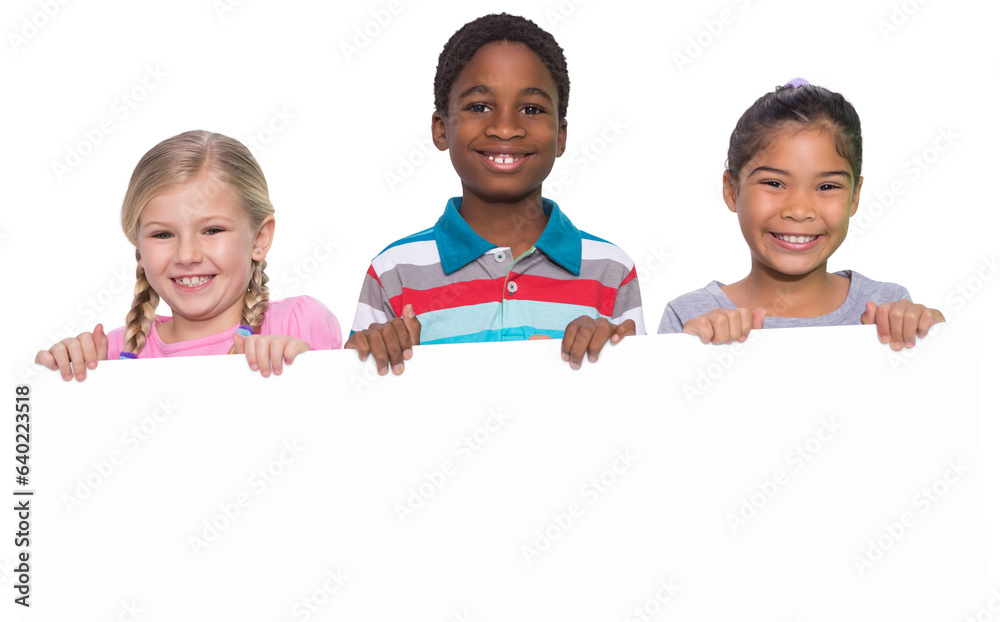 Digital png photo of diverse children holding banner with copy space on ...