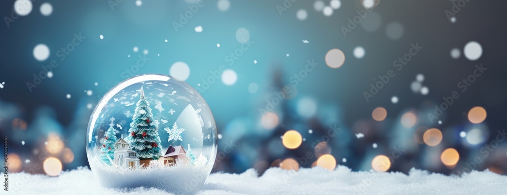 Glass Snowball with trees. Xmas winter Glass snow globe. Horizontal ...