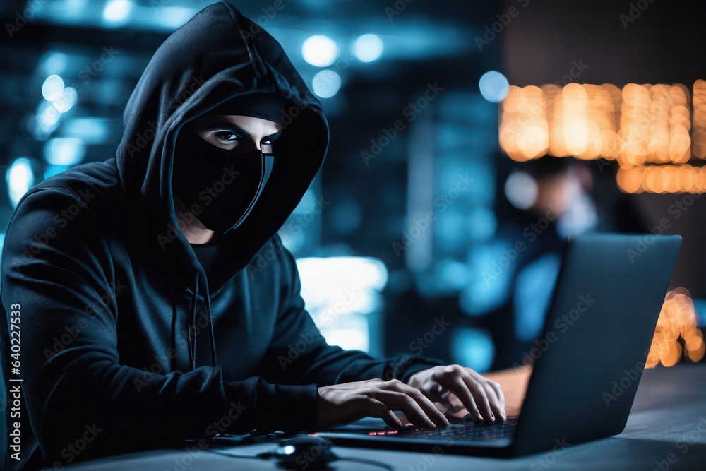 Anonymous computer hacker in mask and hoodie using laptop computer for ...