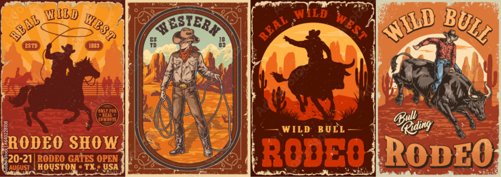 Rodeo show set posters colorful Stock Vector | Adobe Stock