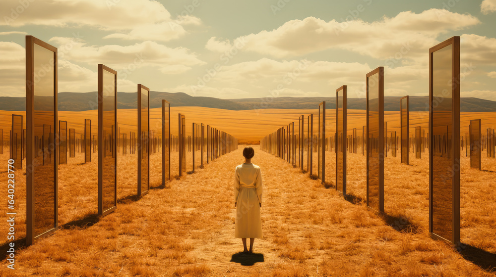 Lady standing between a field of tall mirrors - GENERATIVE AI Stock ...