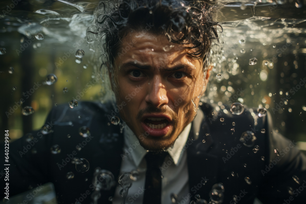 Young business man wearing a suit is drowning underwater, trapped ...