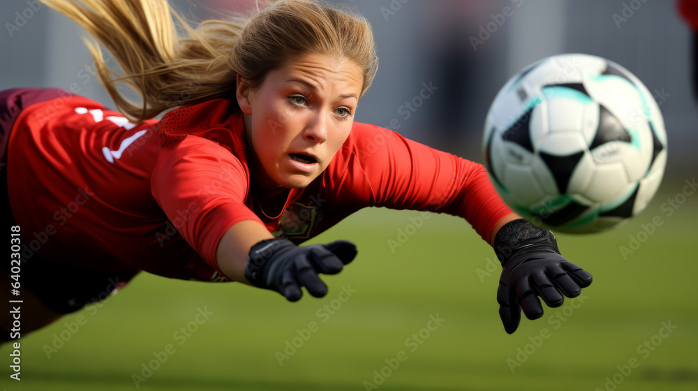 Professional woman football goalkeeper is diving to save the ball ...