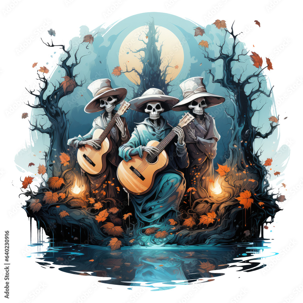 A whimsical Halloween t-shirt design featuring a group of friendly ...