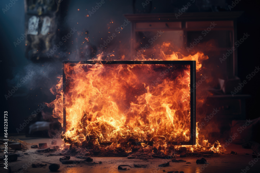 Burning TV in the house due to a short circuit and damaged wiring Stock ...