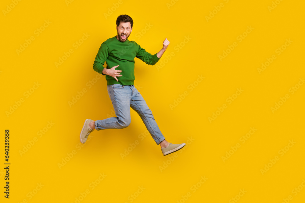 Full length body size photo of funky brunet guy rocker addicted meloman ...