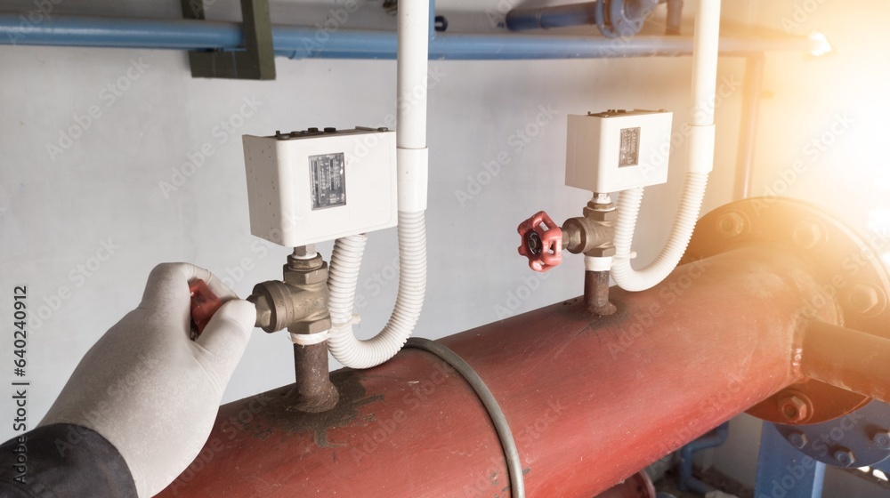 Engineer check the pressure control switch installed on the pipe water ...