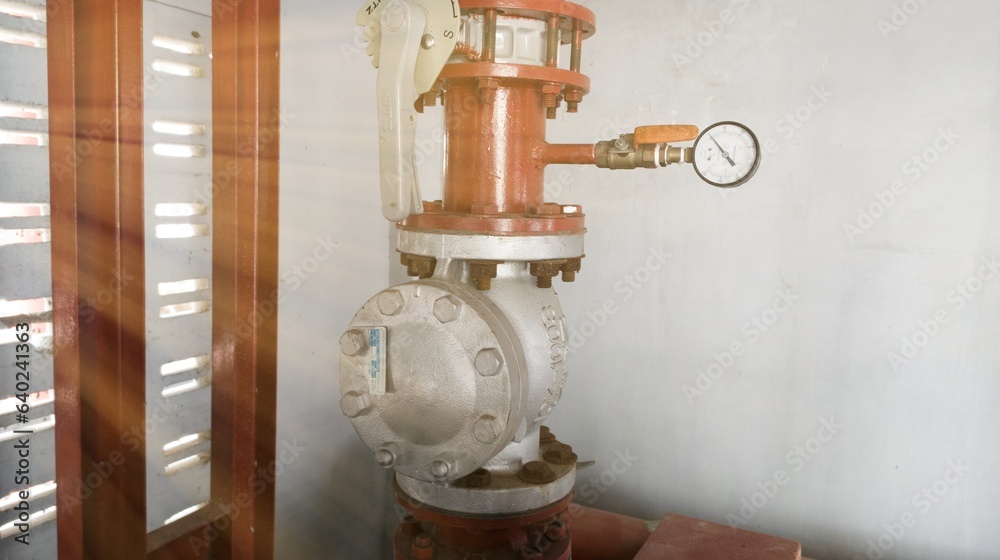 Installation water filter and valve gate on the fire pump system. Stock ...