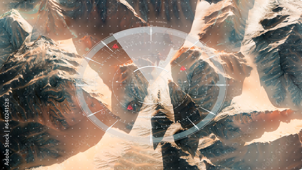 Satellite view of land, war operations, sci-fi, day time. Military ...