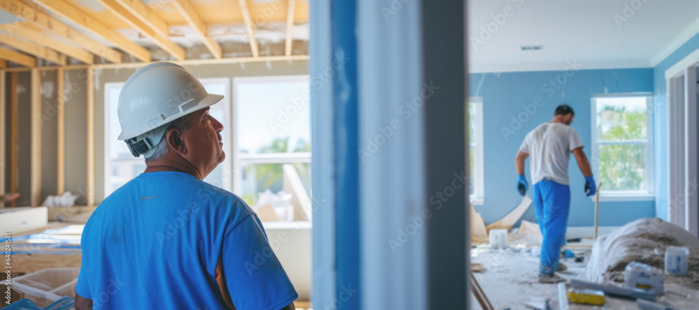 Construction workers working inside a house undergoing renovations.copy ...