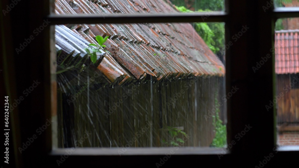 Heavy Rain Hitting Old House Roof Tiles during Thunderstorm Seen via ...