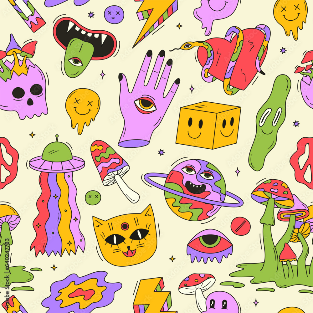 Seamless vector pattern with psychedelic crazy monsters and elements ...