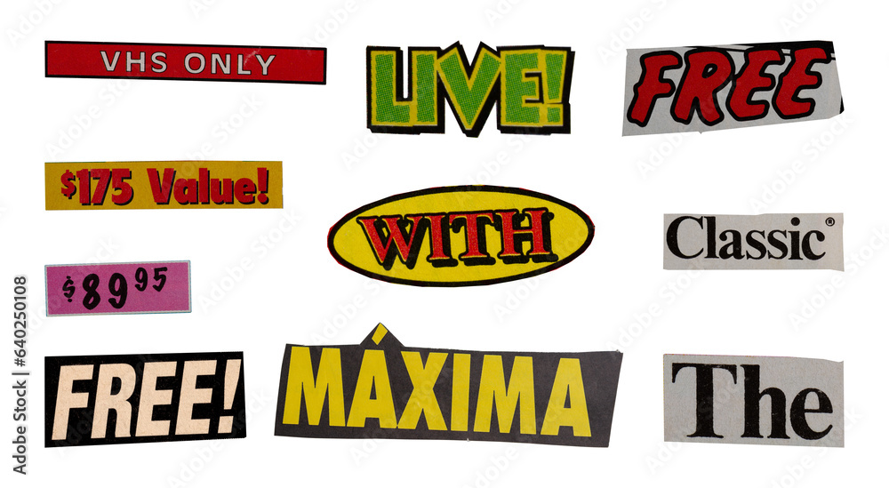 Cutout magazine vintage text, price, offer, discount, words, stickers ...