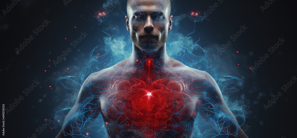 Health care, human body hologram with full body scan, bones, organs ...